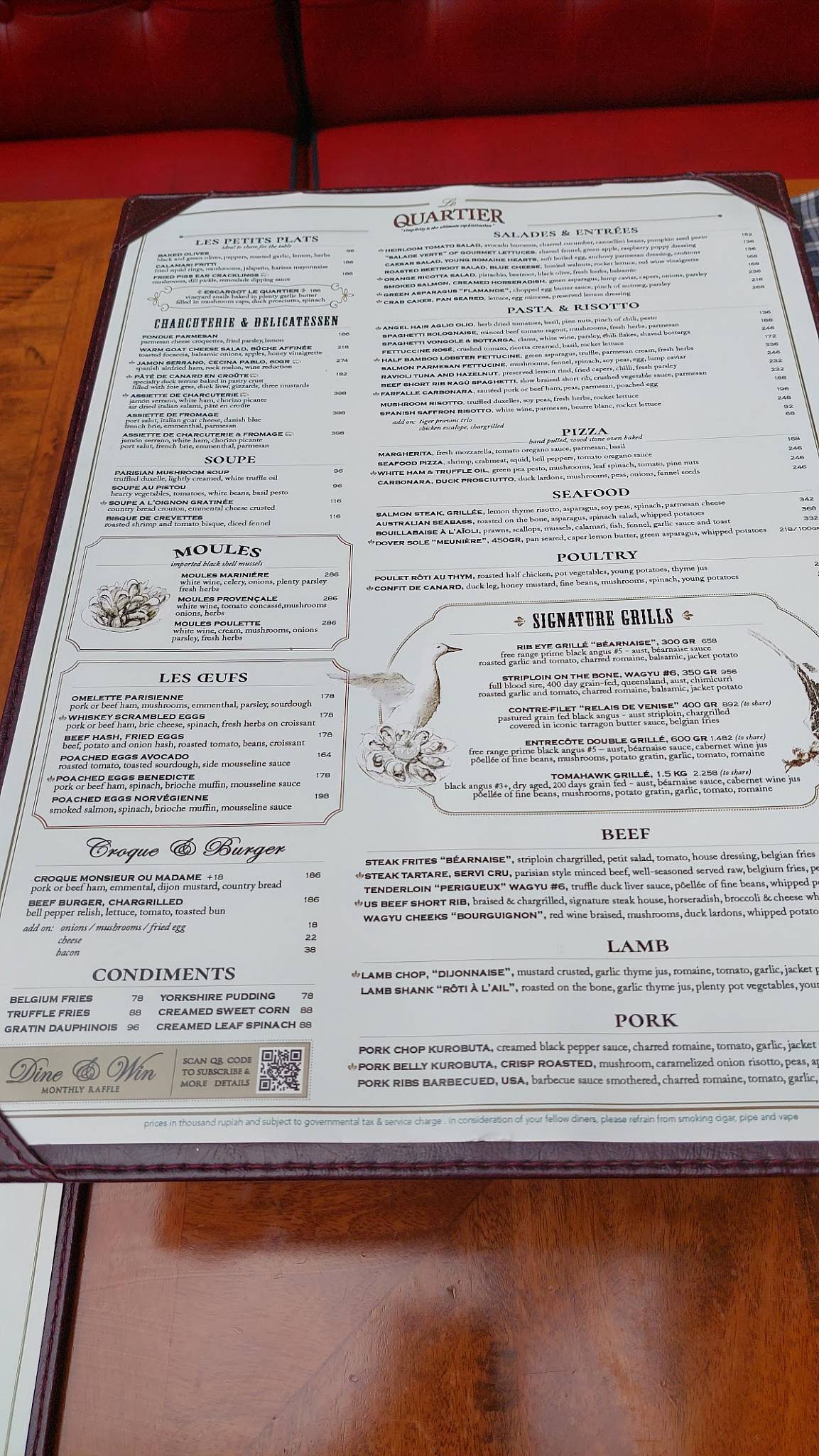 Menu at Le Quartier restaurant, South Jakarta