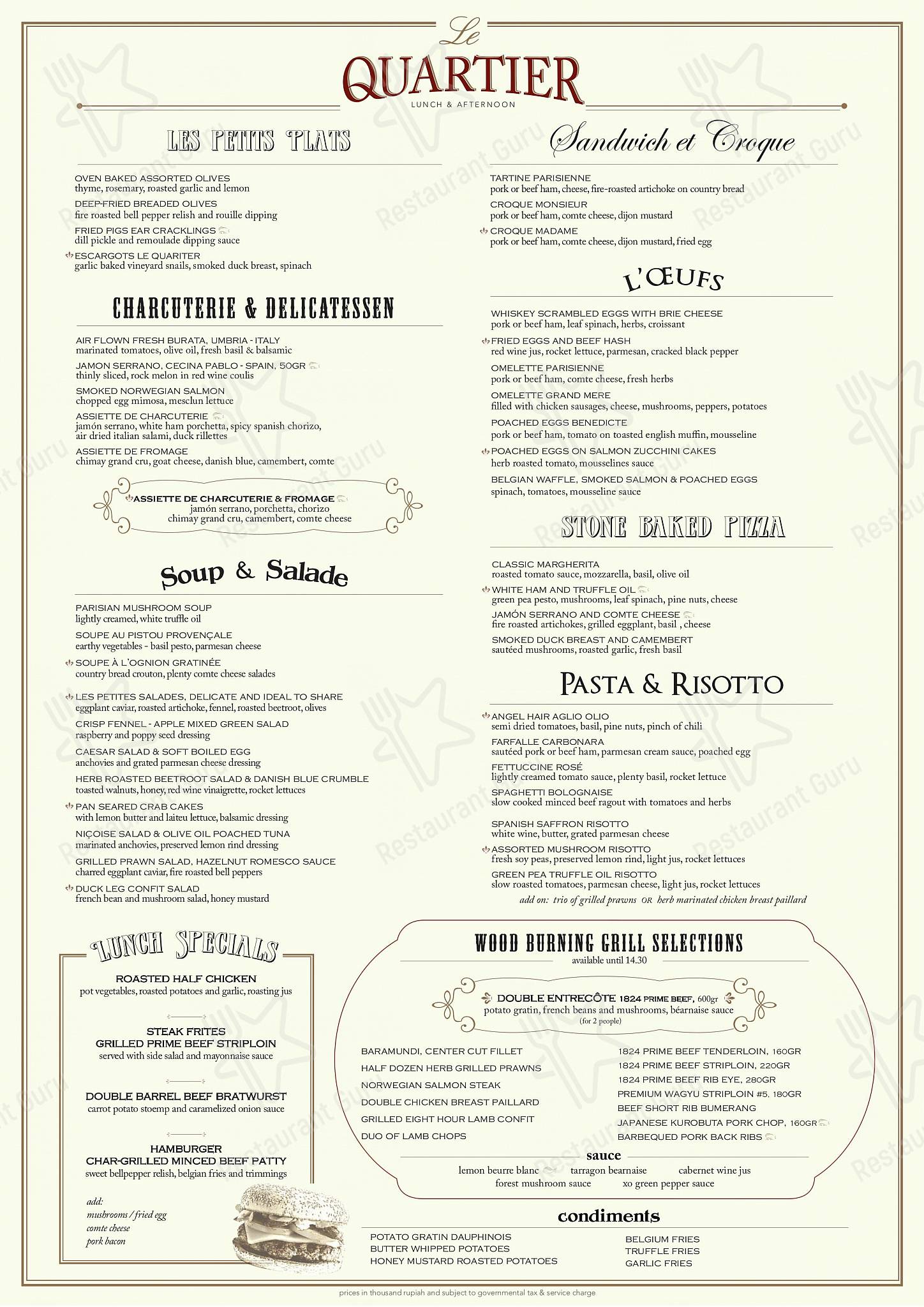 Menu at Le Quartier restaurant, South Jakarta