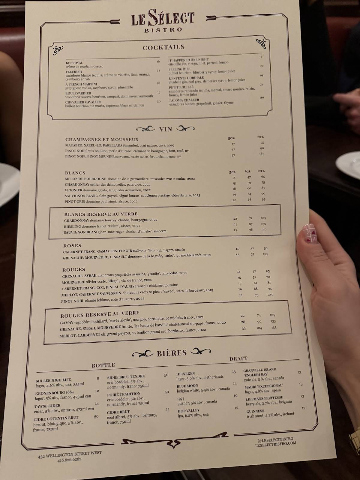 Menu at Le Sélect Bistro restaurant, Toronto