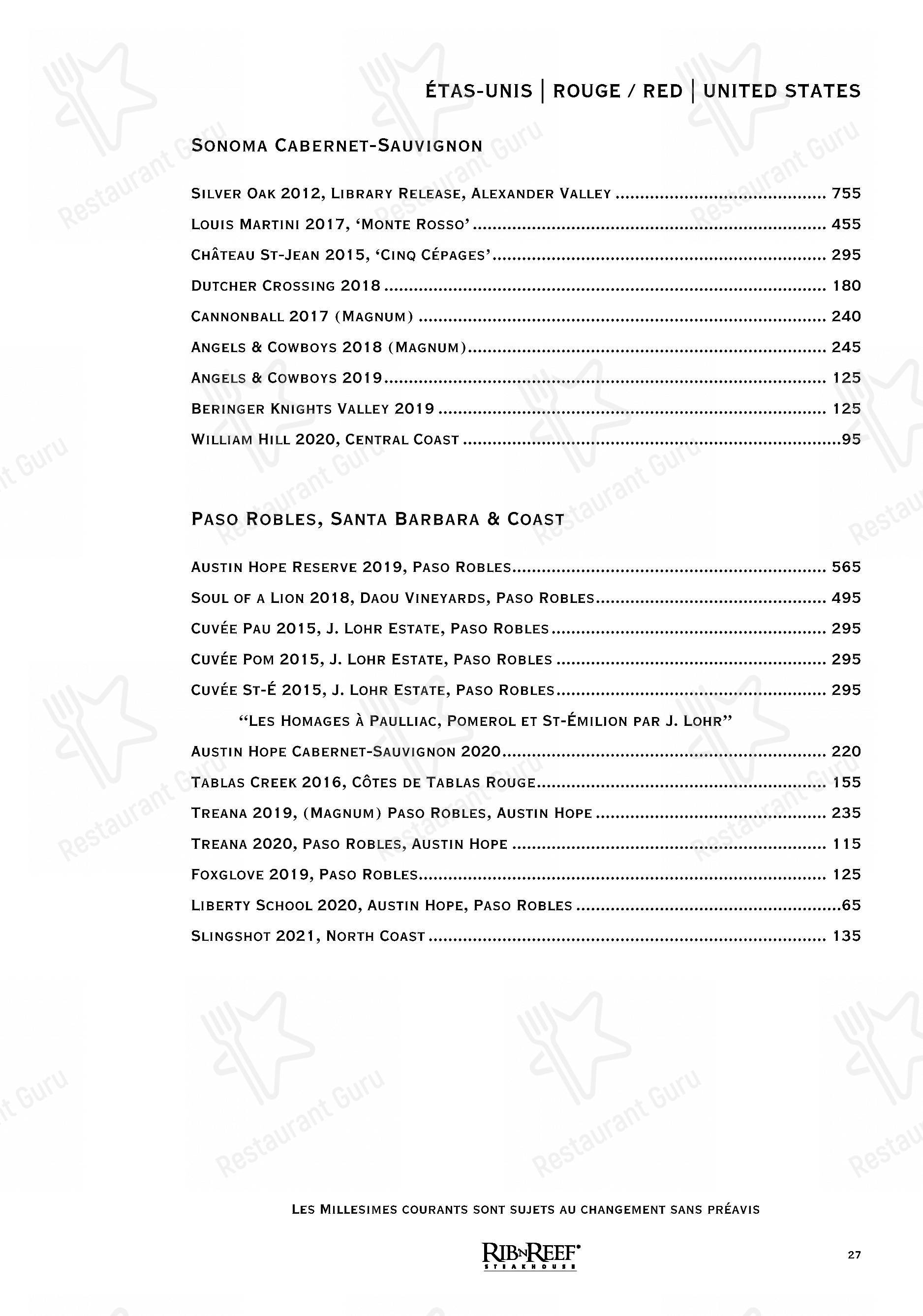 Menu At Rib N Reef Steakhouse Montréal