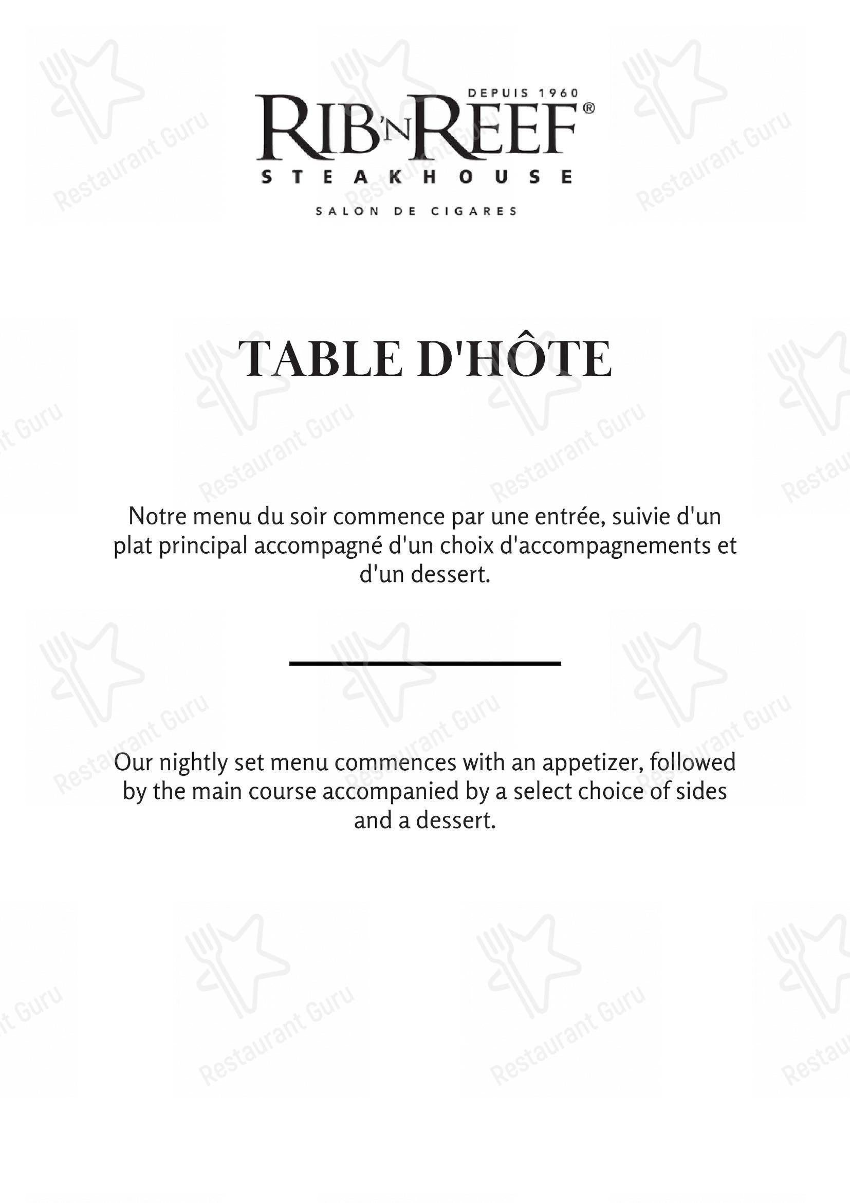 Menu at Rib N Reef Steakhouse, Montréal