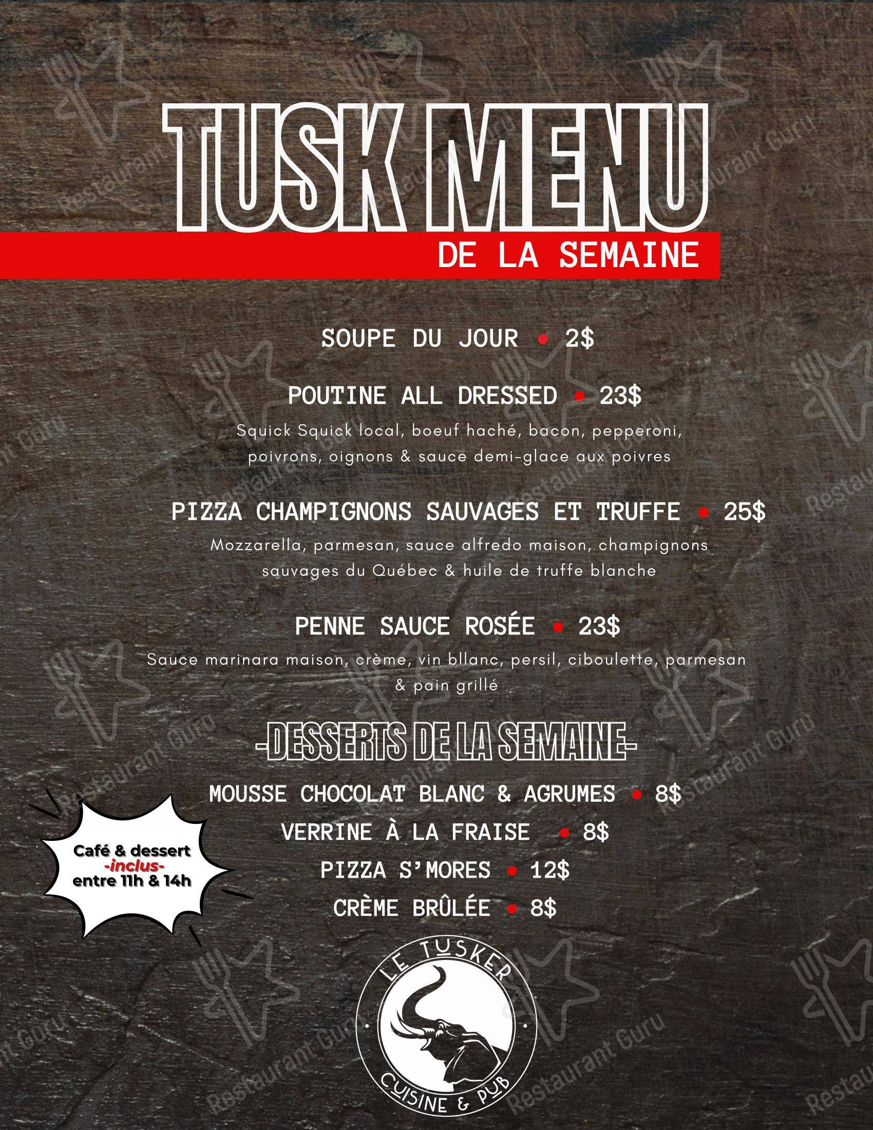 Menu au Le Tusker Cuisine et Pub, Berthierville