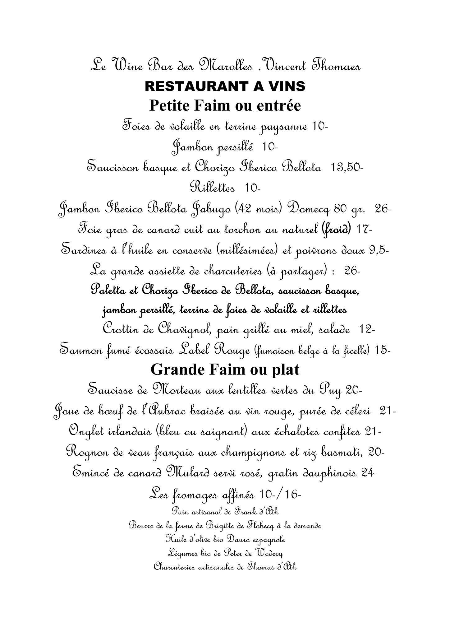 Menu au Le Wine Bar des Marolles, Bruxelles