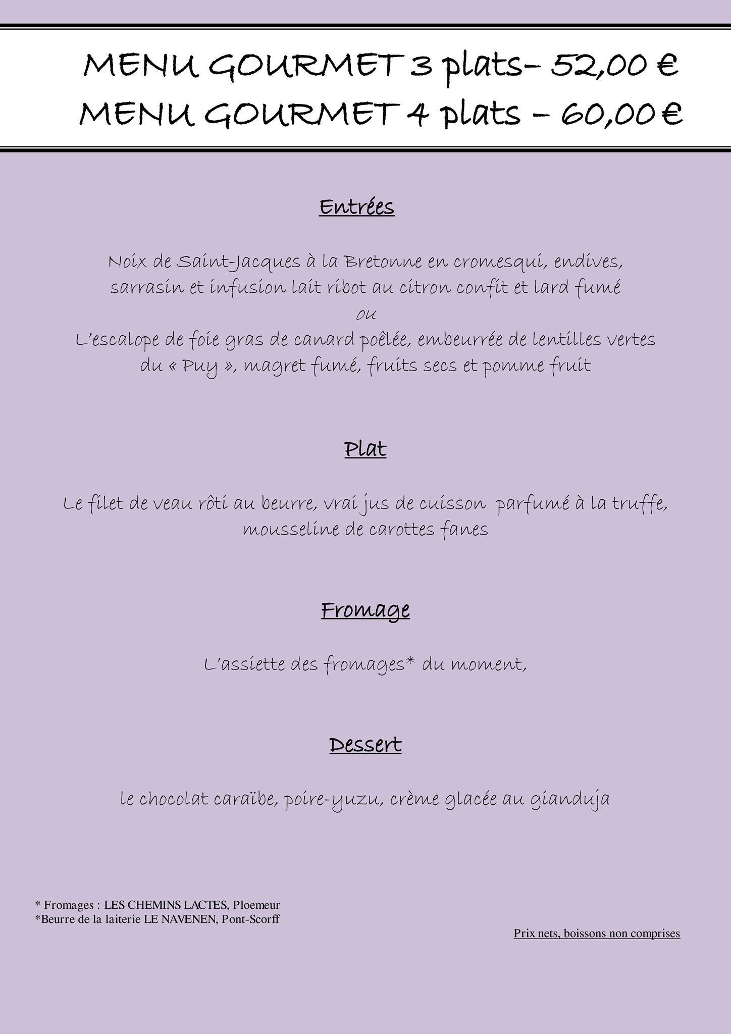 Menu au Le sabayon restaurant, Lorient