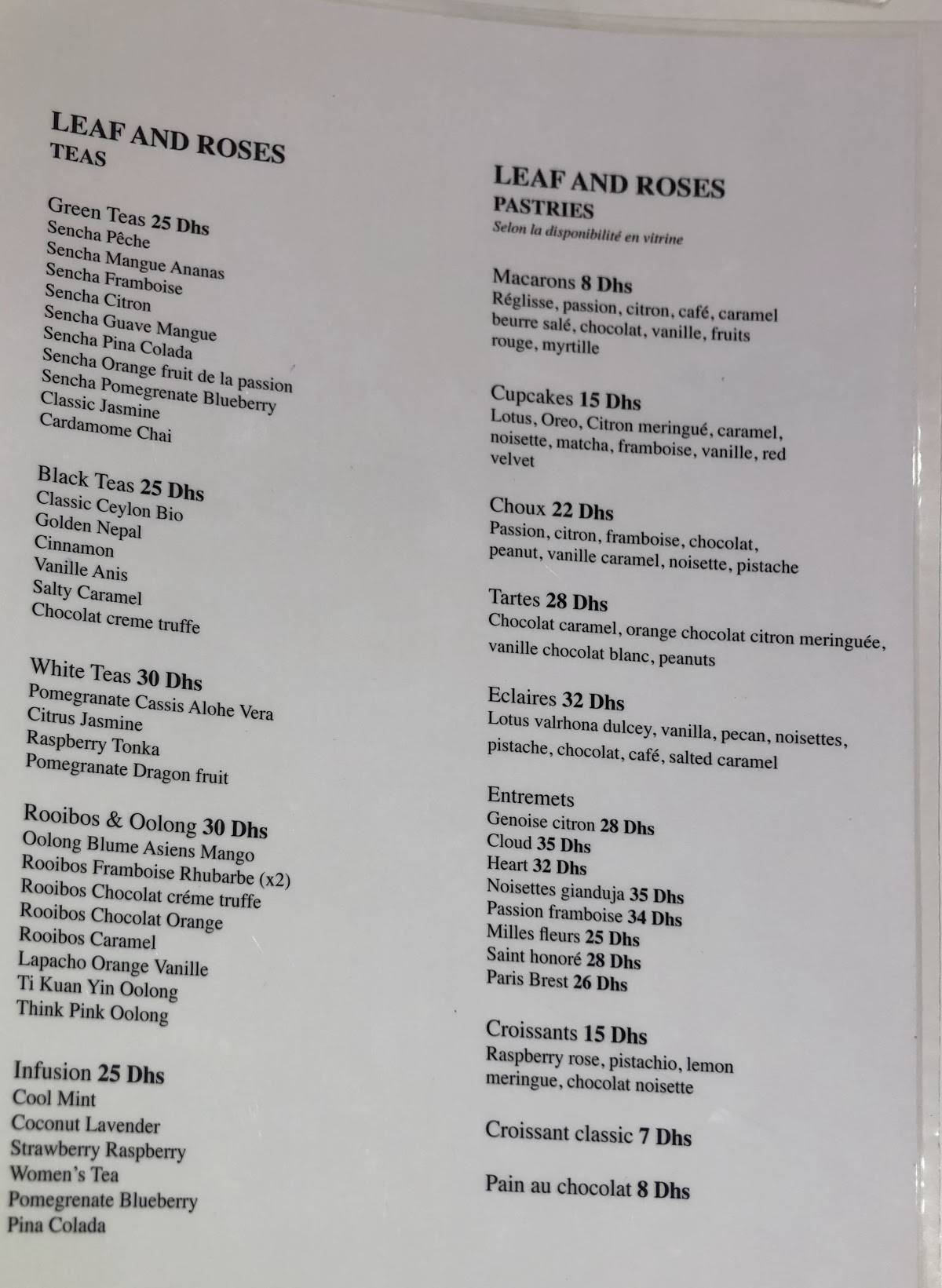 Menu at Leaf And Roses cafe, Rabat