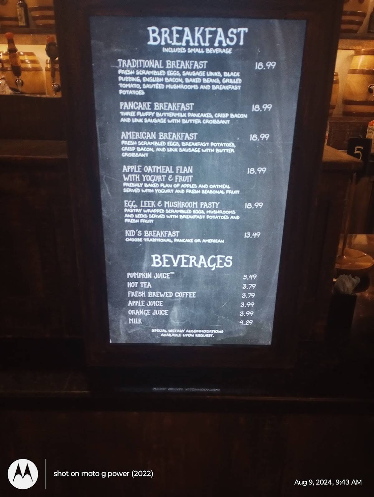 Menu at Leaky Cauldron pub & bar, Orlando, Universal Blvd