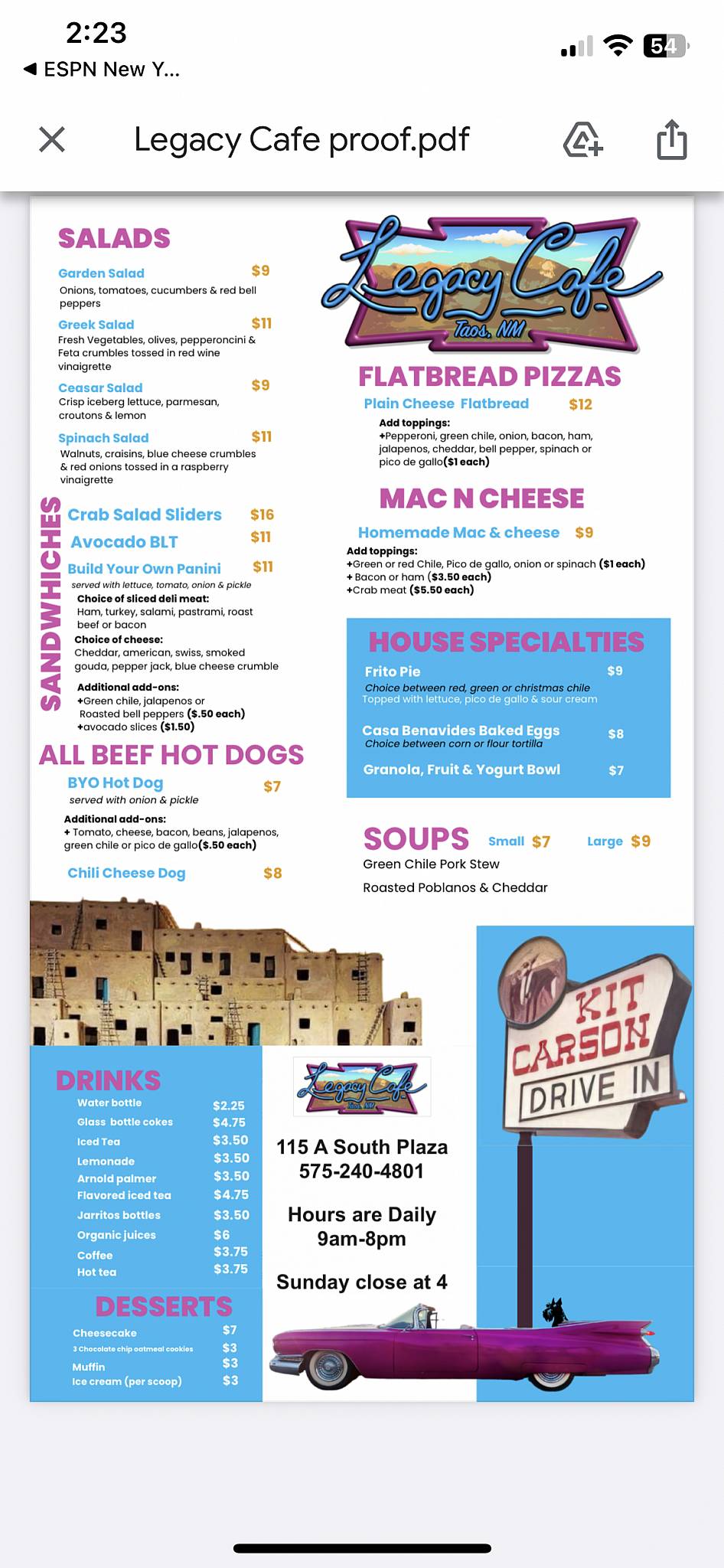 Menu at Legacy Café cafe, Taos
