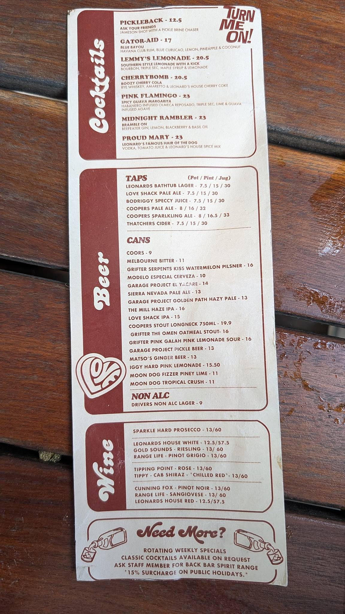 Menu at Leonards House of Love pub & bar, South Yarra