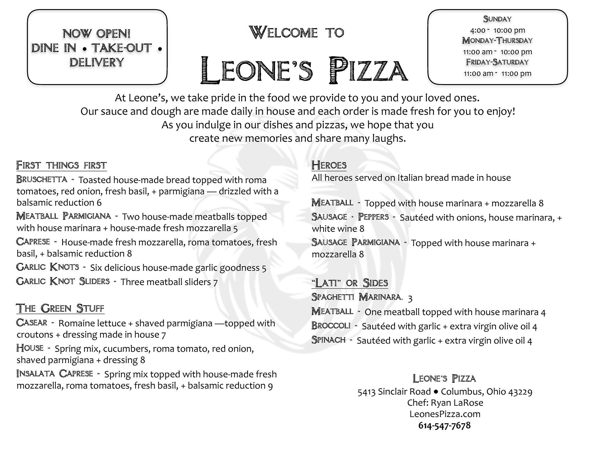 Menu at Leone's Pizza pizzeria, Columbus