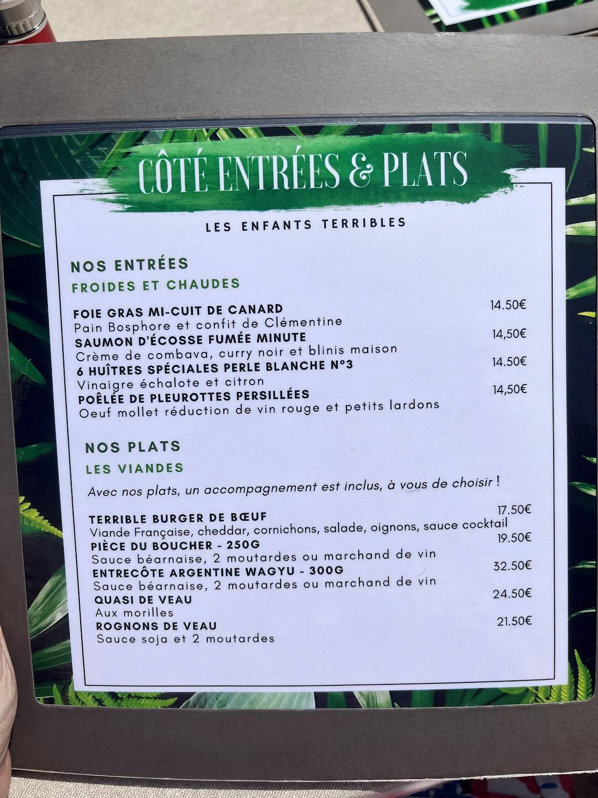Menu au Les Enfants Terribles restaurant, L'Isle-Adam