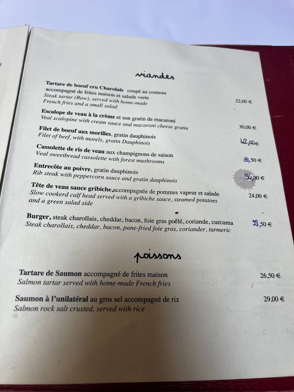 Menu au Les Enfants Terribles restaurant, Lyon