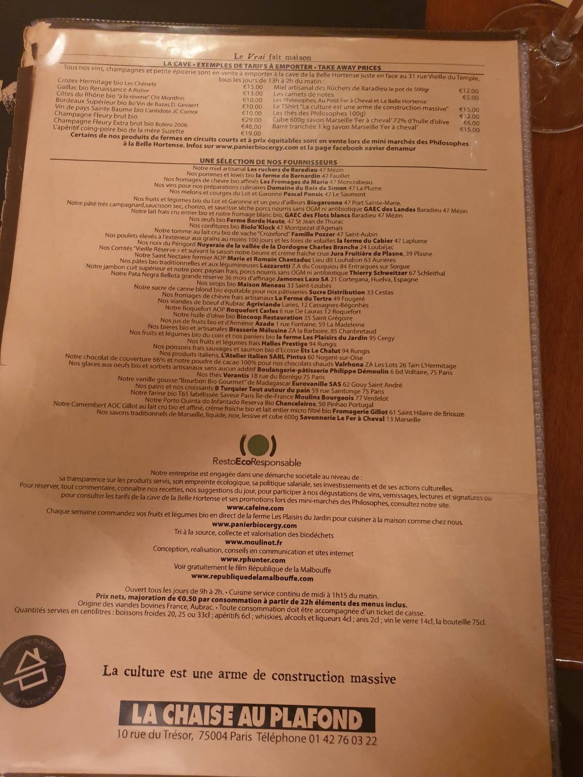 Menu at Les Philosophes restaurant, Paris, 28 Rue Vieille du Temple