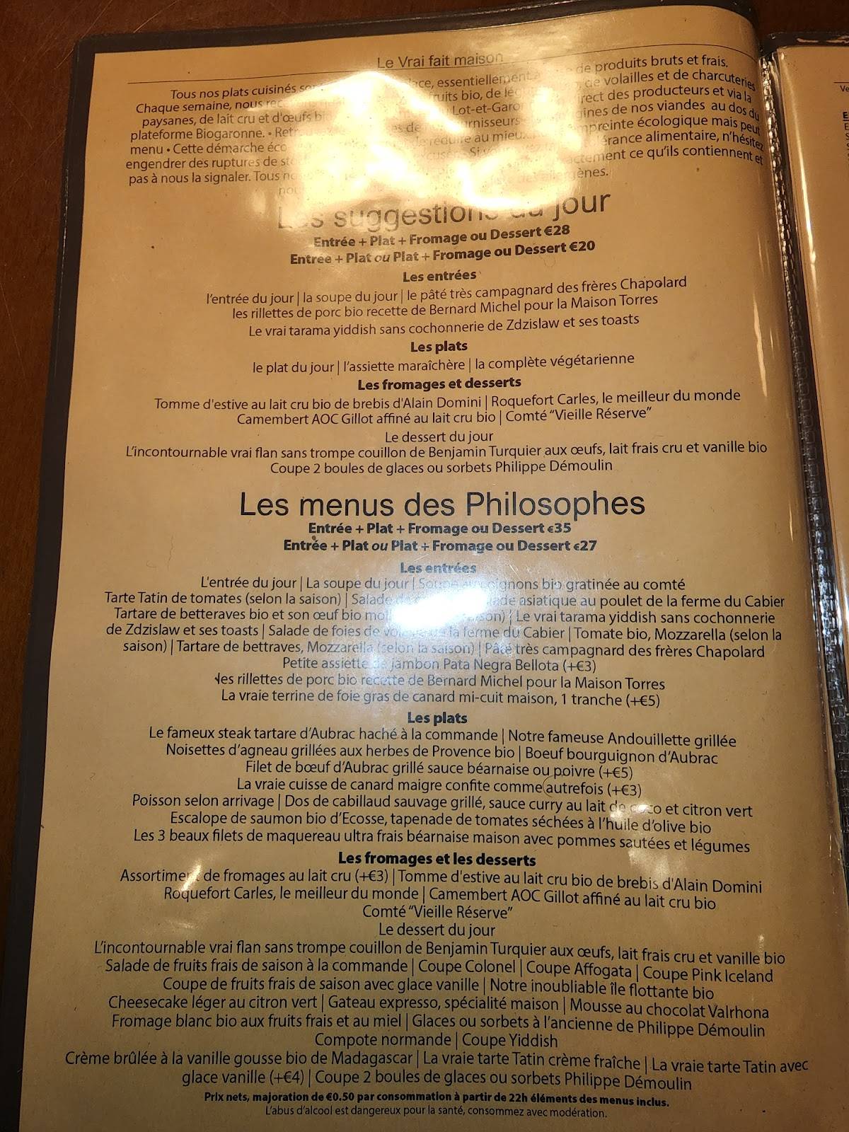Menu at Les Philosophes restaurant, Paris, 28 Rue Vieille du Temple