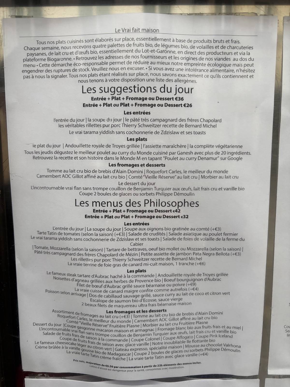 Menu at Les Philosophes restaurant, Paris, 28 Rue Vieille du Temple