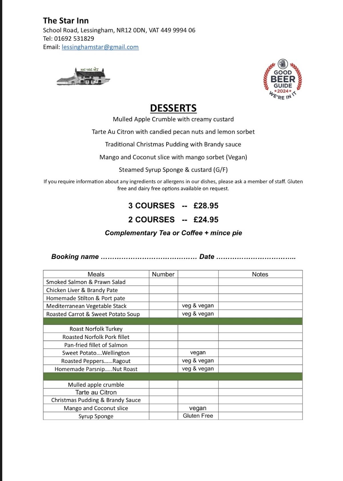 Menu at The Star Inn pub & bar, Lessingham