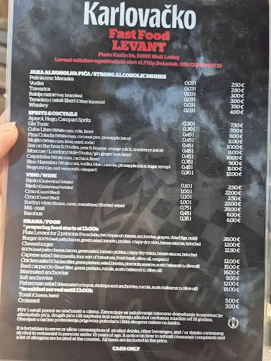 Menu at Levant Mali Lošinj restaurant, Mali Losinj