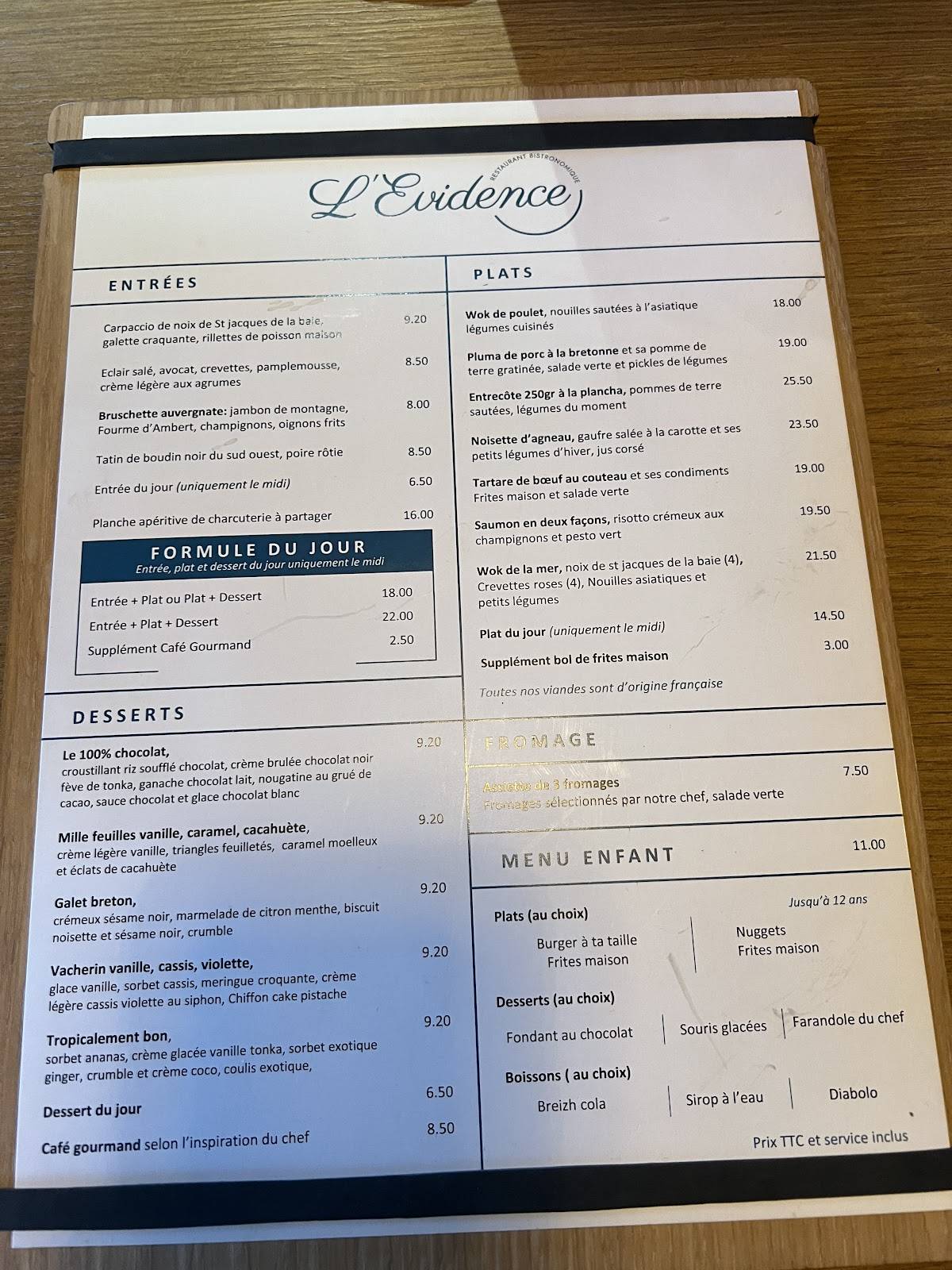 Menu au L'Évidence restaurant, Yffiniac