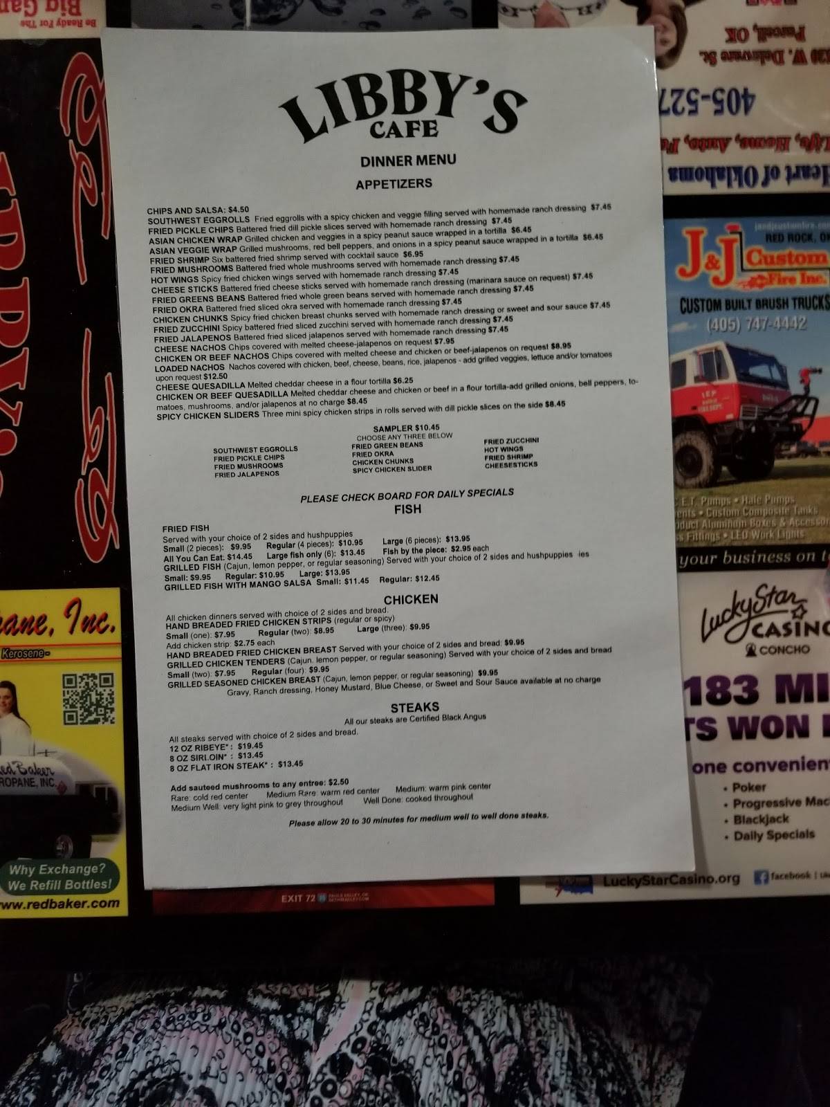 Menu at Libby's Cafe, Goldsby
