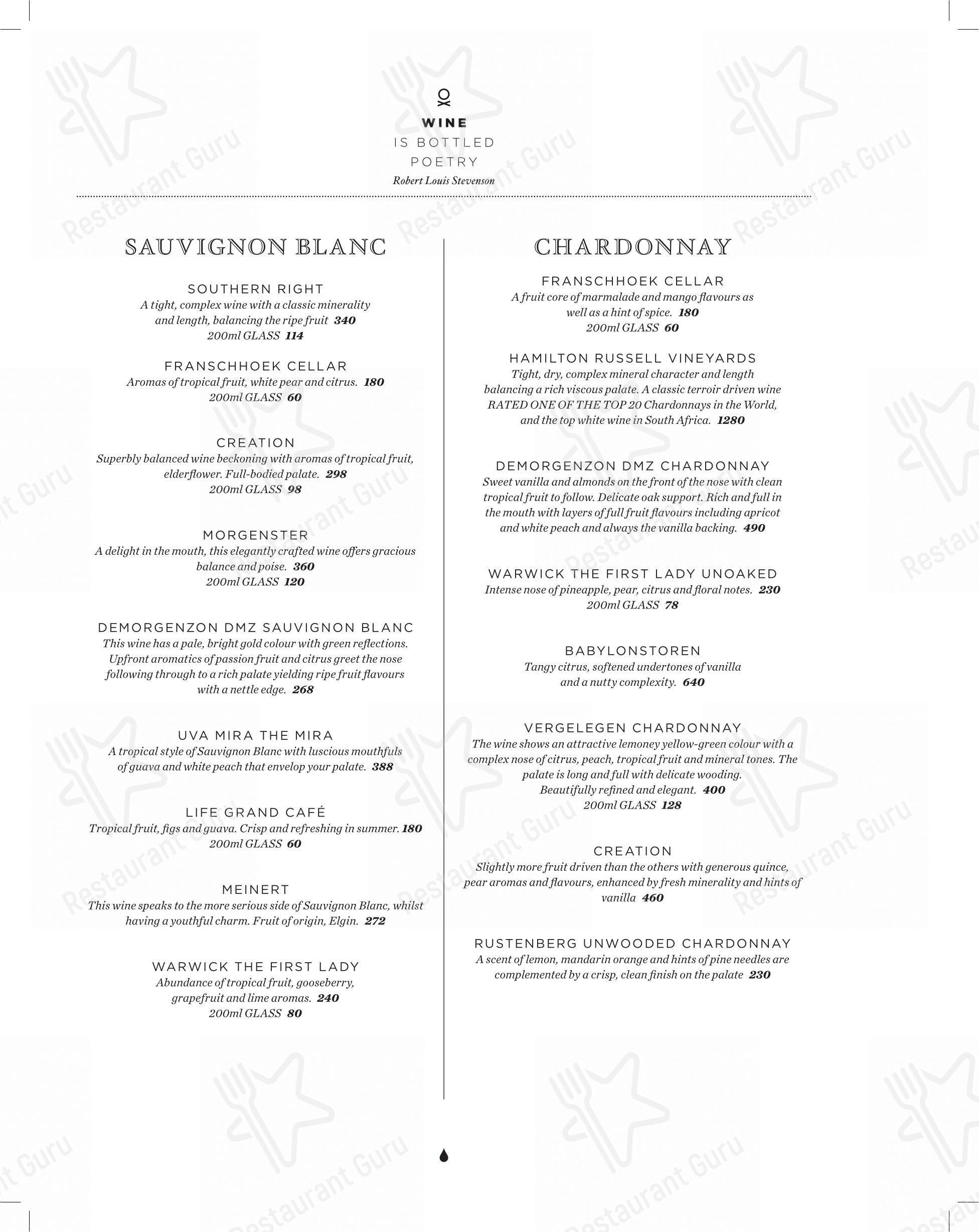 Menu at Life Grand Cafe Waterfront, Cape Town, 2 Pierhead Road