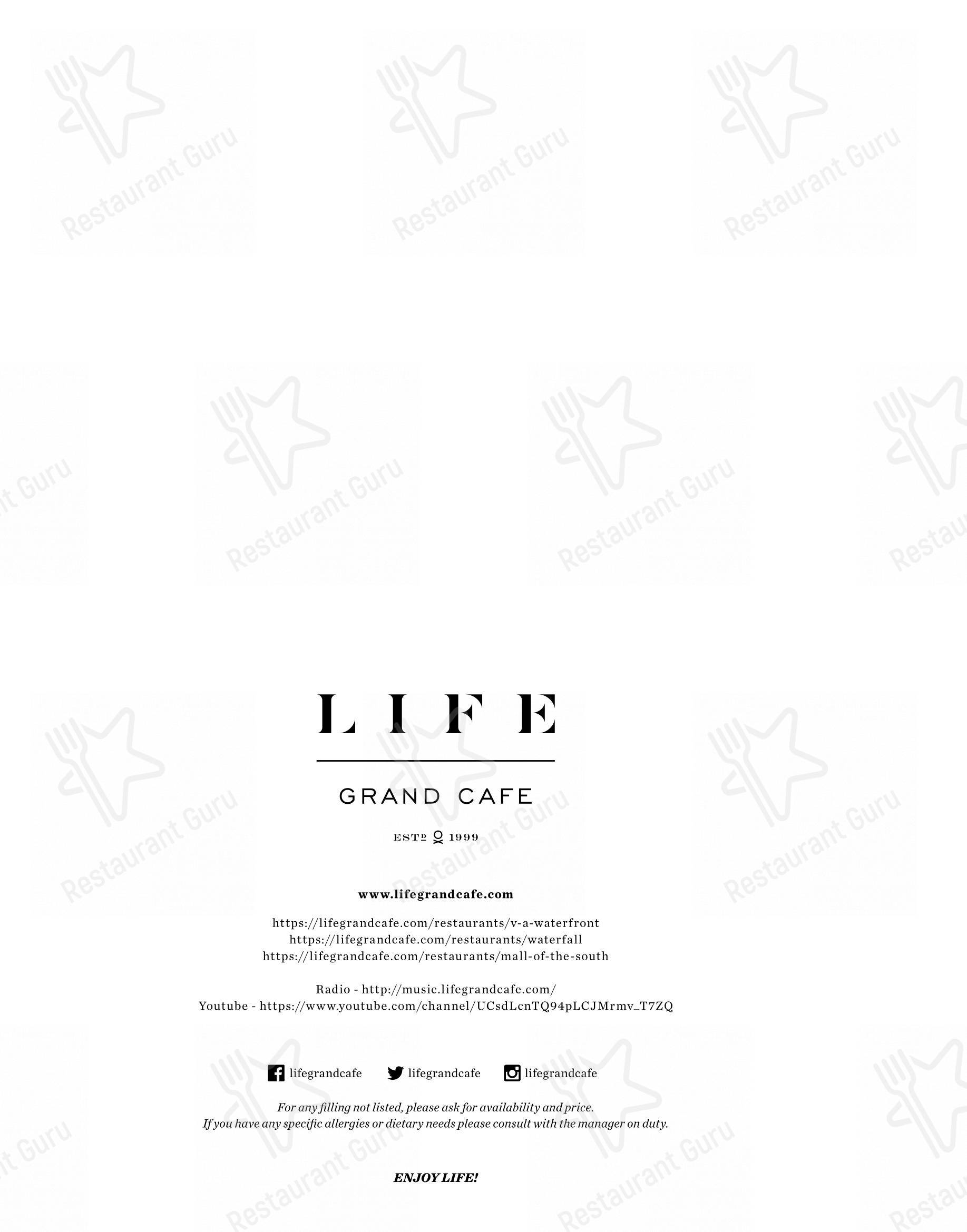 Menu at Life Grand Cafe Waterfront, Cape Town, 2 Pierhead Road