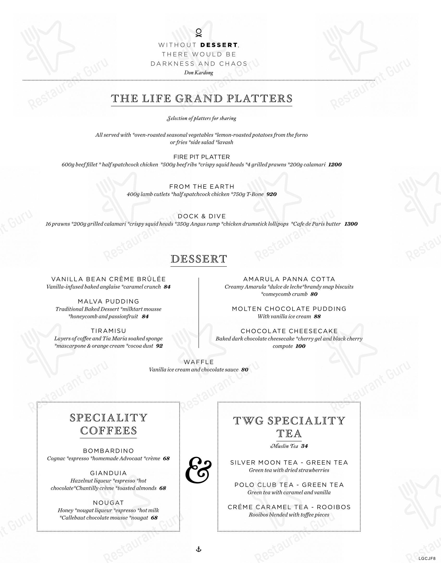 Menu at Life Grand Cafe Waterfront, Cape Town, 2 Pierhead Road