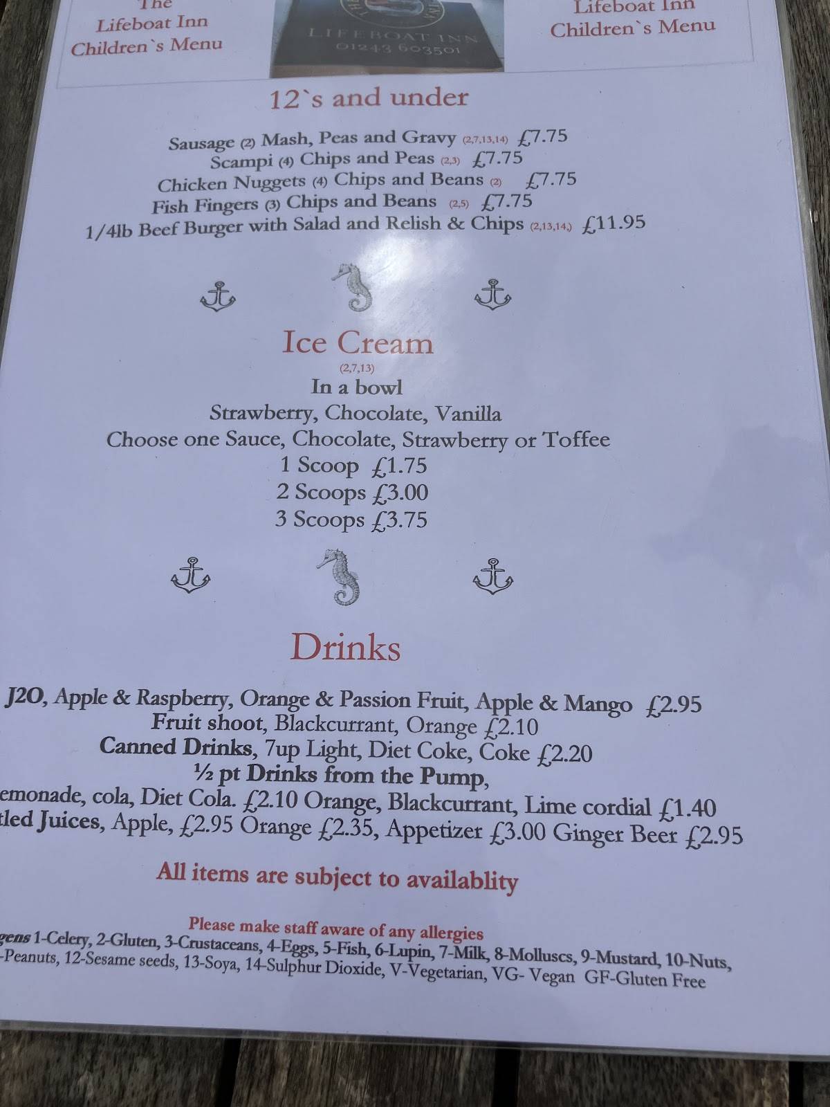 Menu at Lifeboat Inn pub & bar, Selsey
