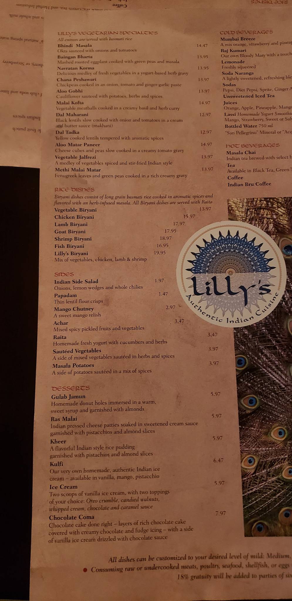 Menu at Lilly’s Authentic Indian Cuisine (inside J-Town Market ...