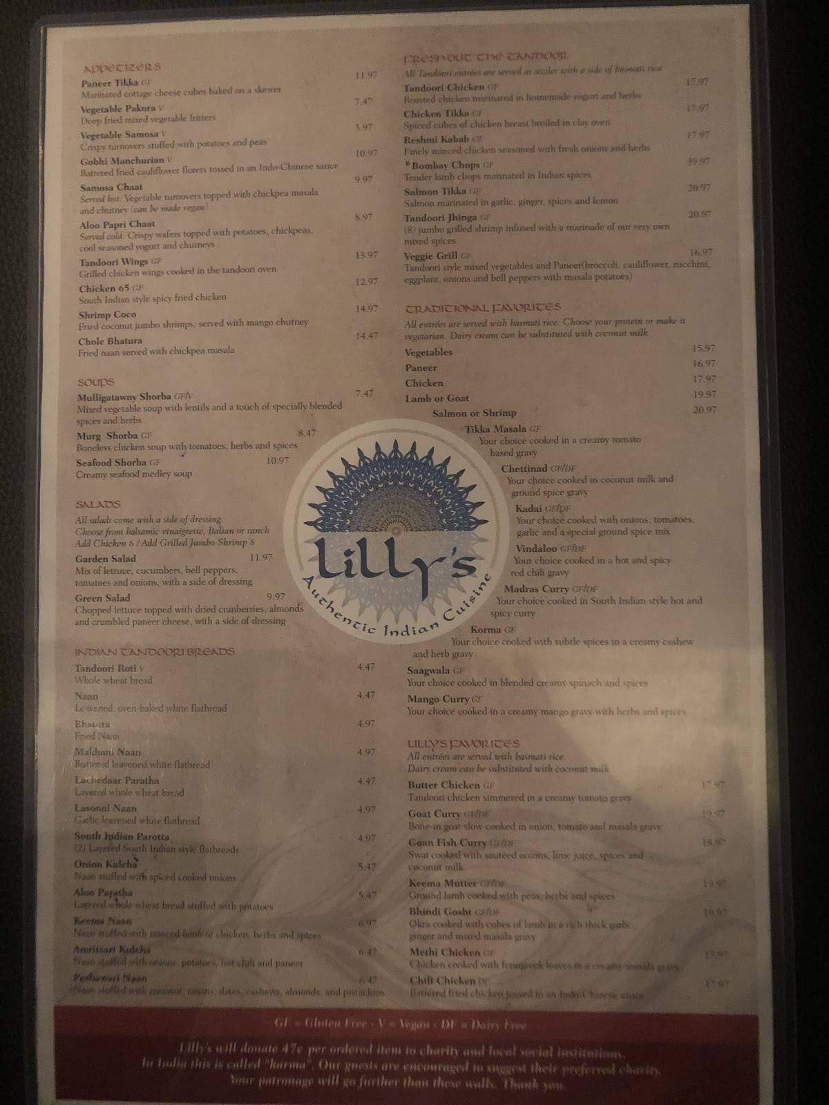 Menu at Lilly’s Authentic Indian Cuisine (inside J-Town Market ...