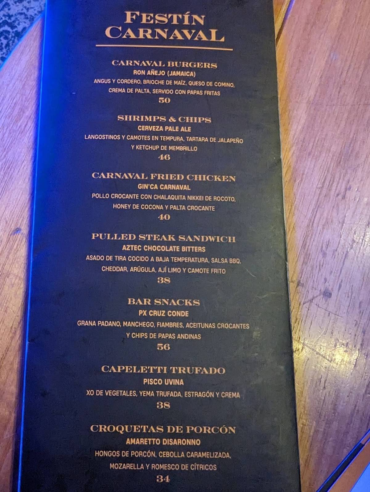 Carta del pub y bar Carnaval, Lima