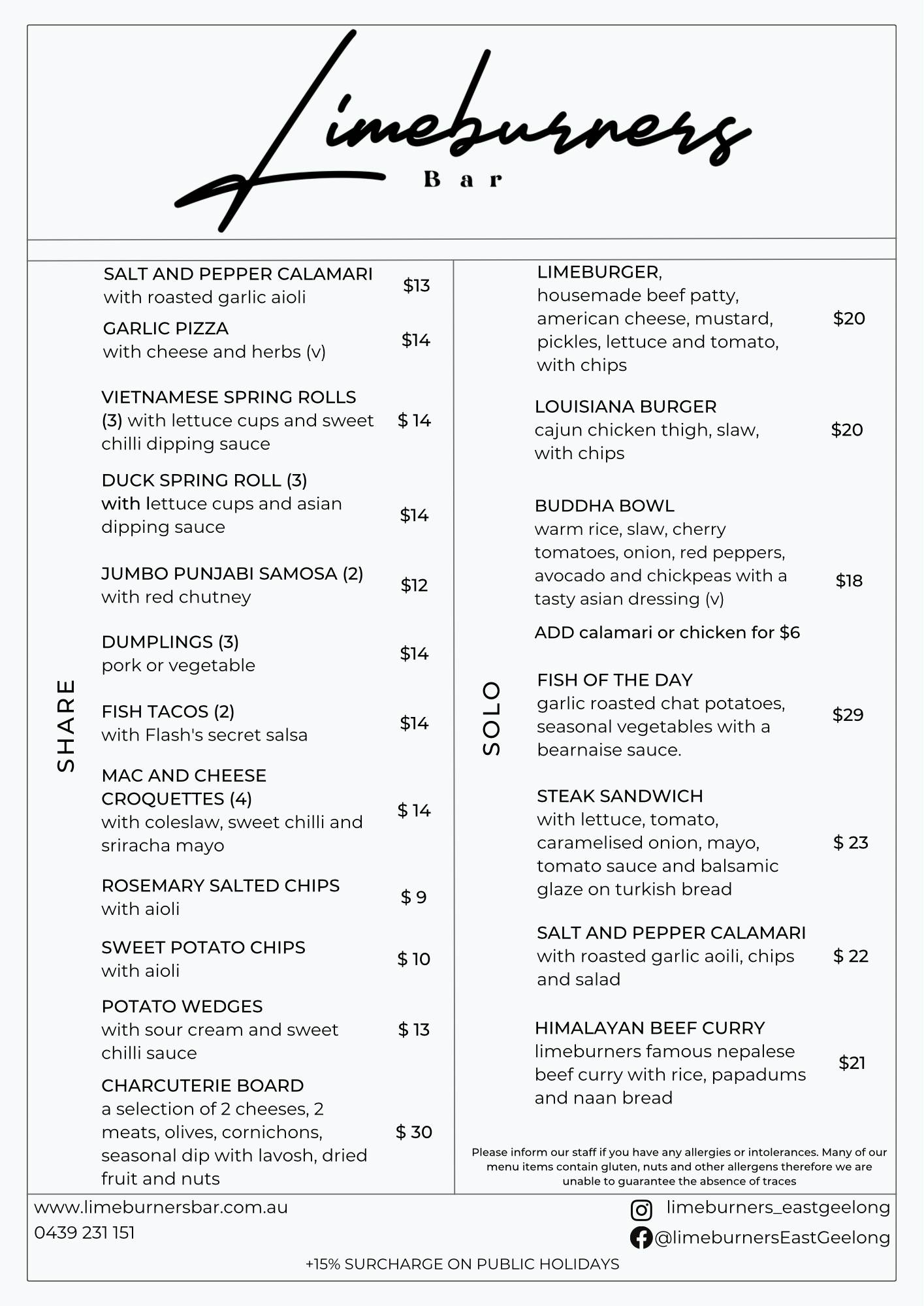 Menu at Limeburners Bar, East Geelong