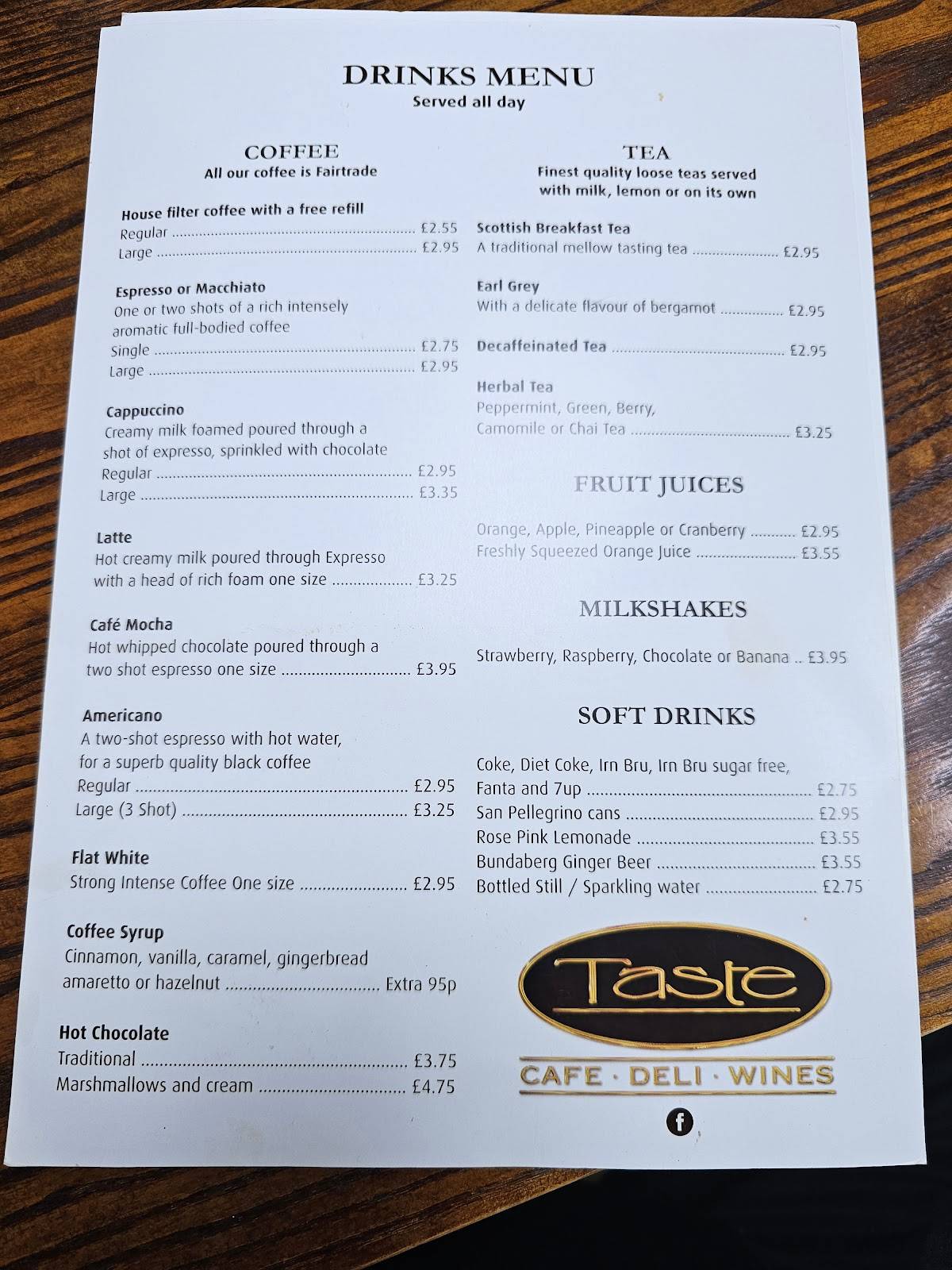 Menu at Taste cafe, Linlithgow