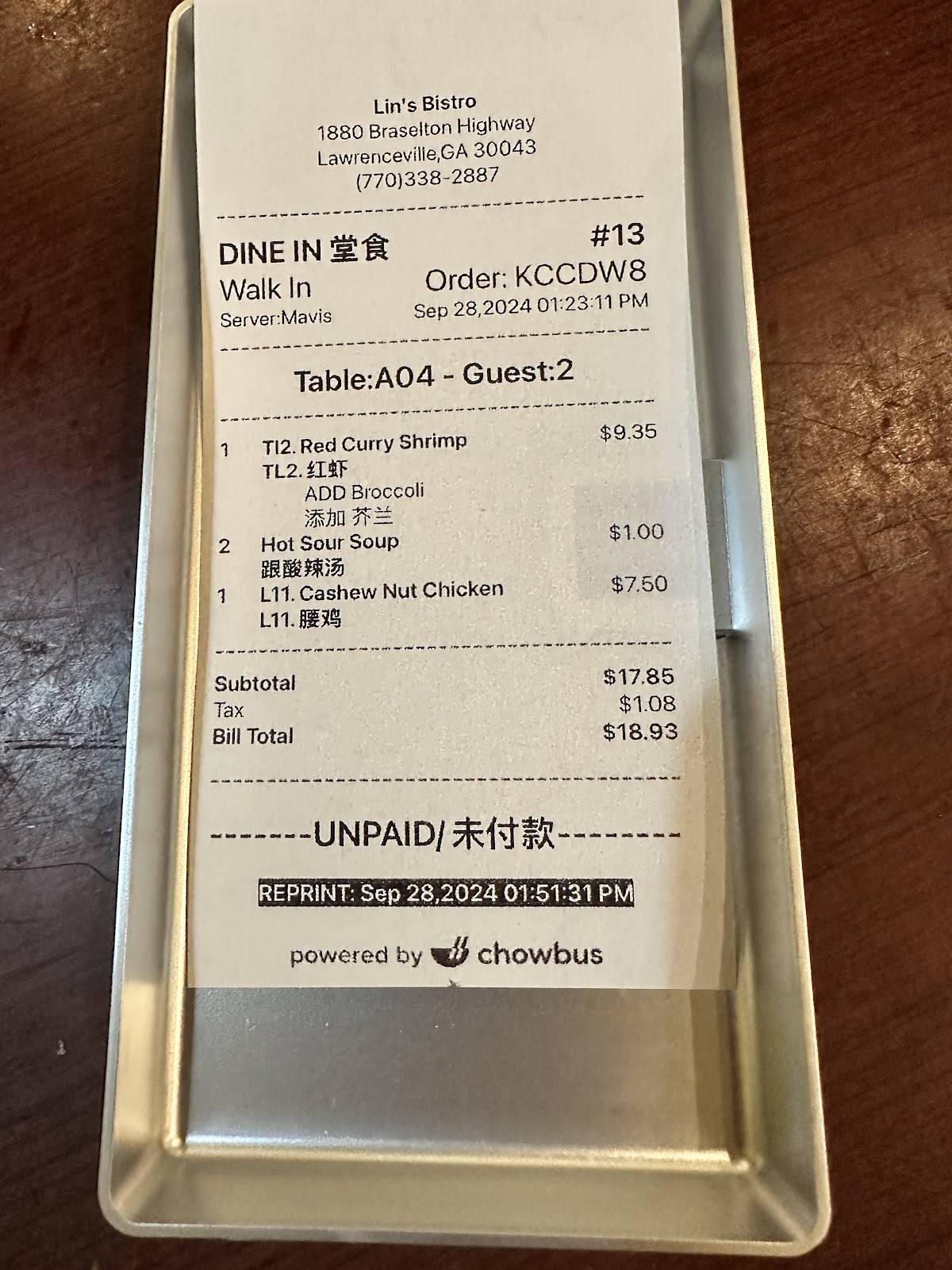 Menu at Lin's Bistro restaurant, Dacula