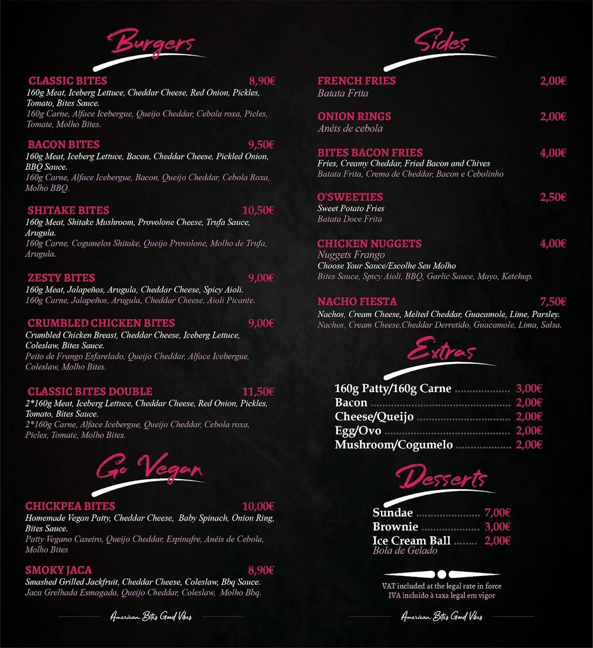 Menu at American Bites Burger restaurant, Lisbon