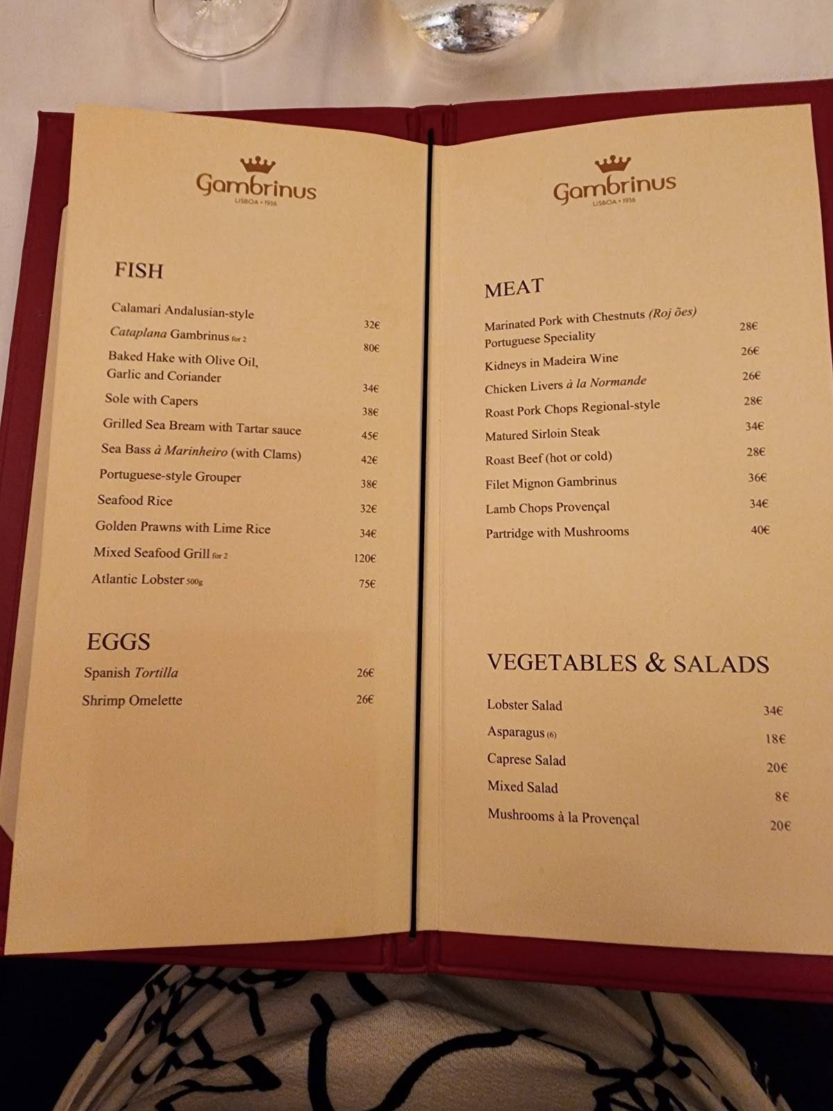 Menu at Gambrinus restaurant, Lisbon