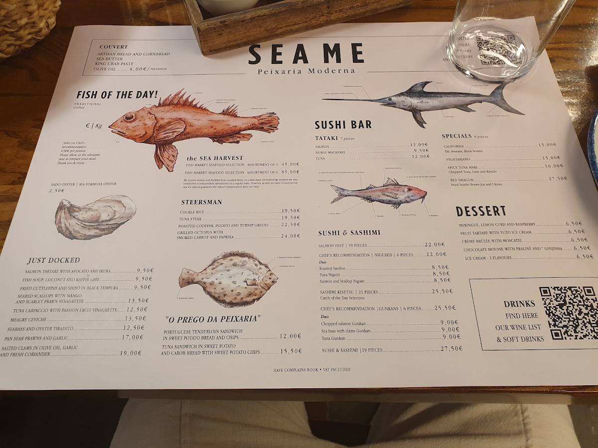 Menu at Sea Me Peixaria Moderna restaurant, Lisbon, Rua do Loreto 21