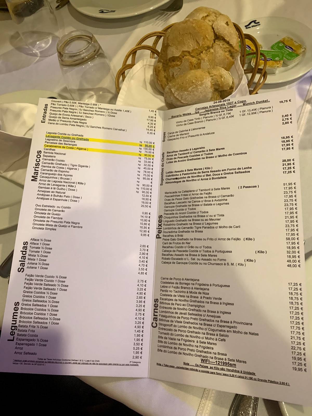 Menu at Sete Mares restaurant, Lisbon, Av. Columbano Bordalo Pinheiro 108