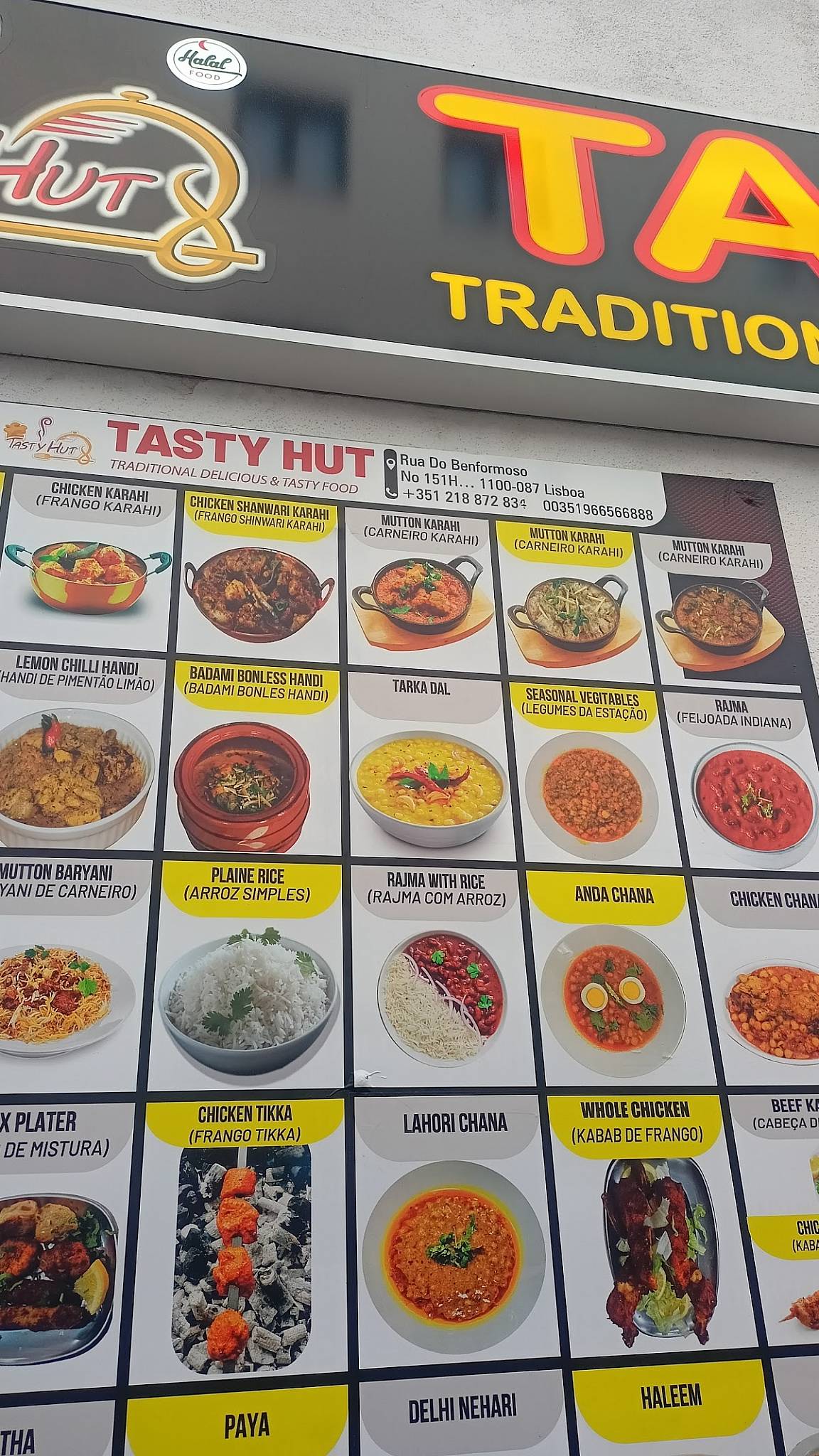 Menu at Tasty Hut Halal food restaurant, Lisbon