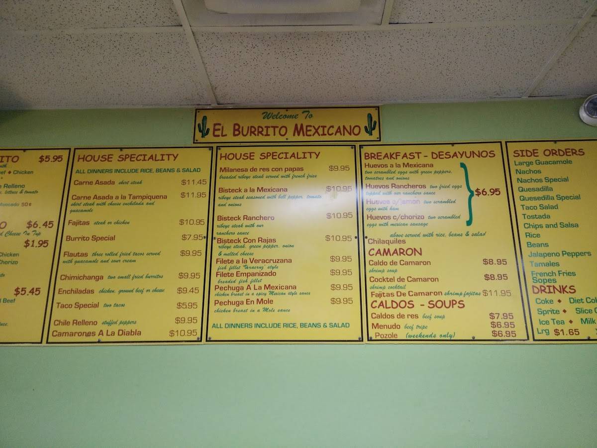 Menu at El Burrito Mexicano restaurant, Lisle, Maple Ave