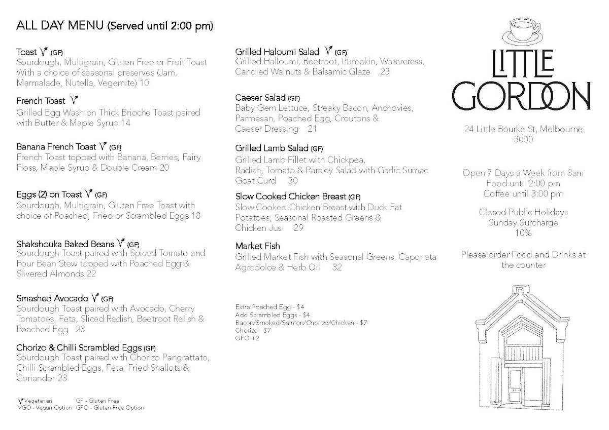 Menu at Little Gordon cafe, Melbourne
