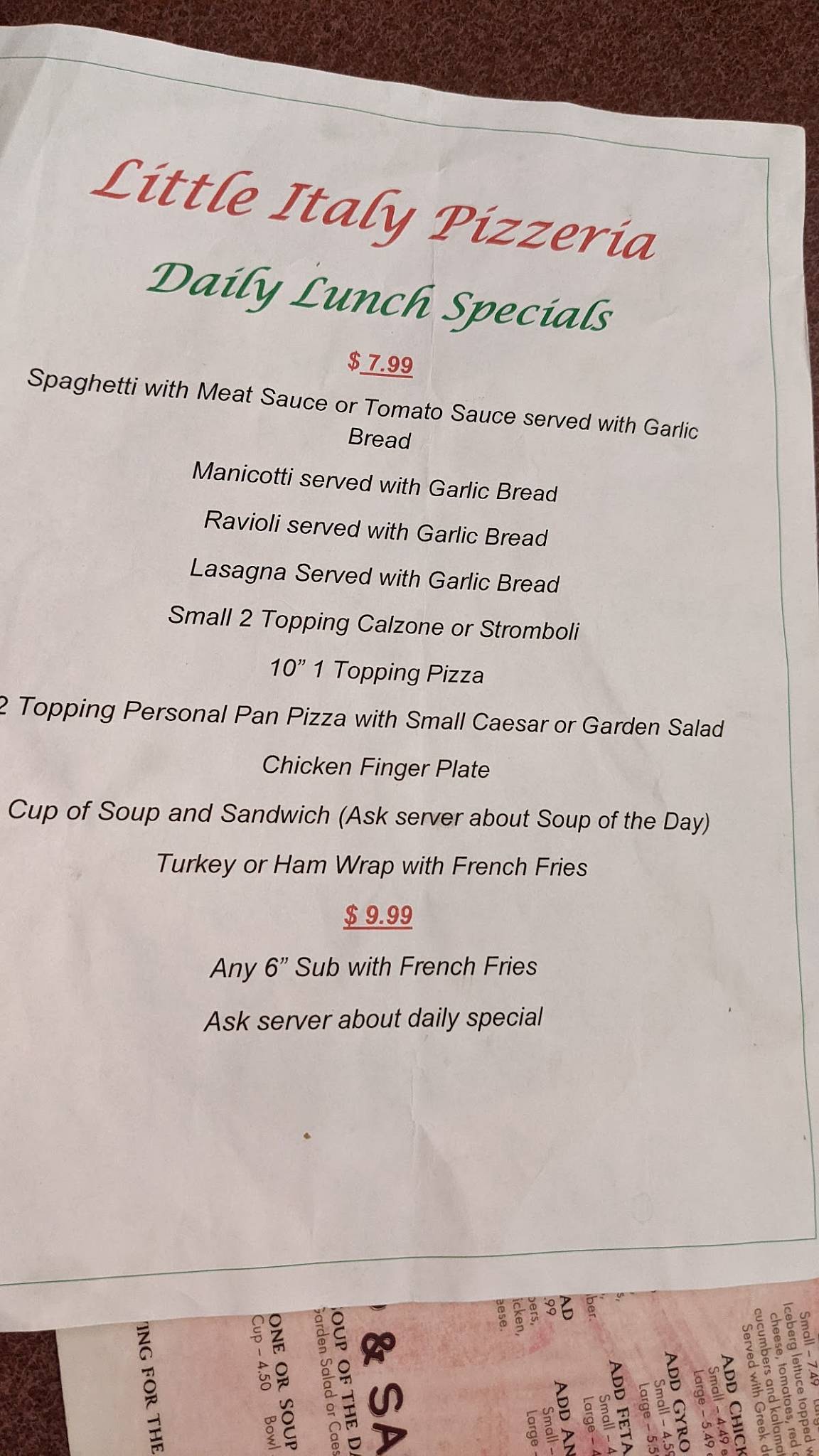 Menu at Little Italy Pizzeria, McCormick