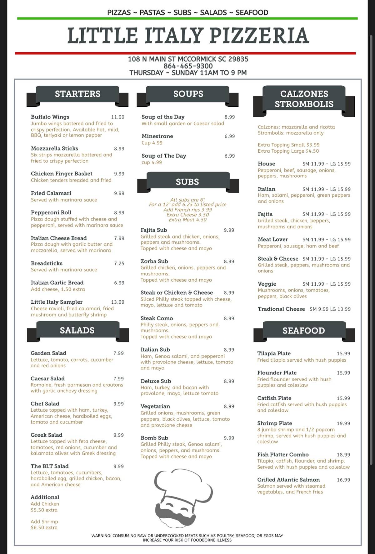 Menu at Little Italy Pizzeria, McCormick