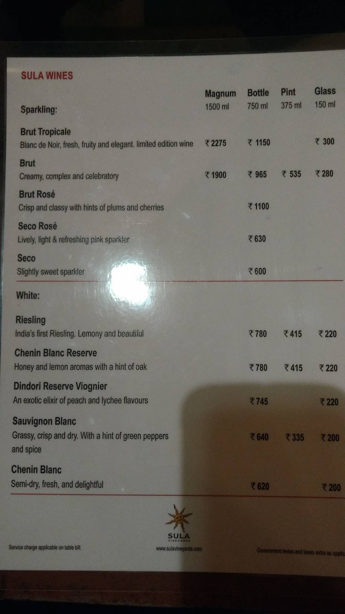 Menu at Little Italy at Sula Vineyards, Nashik, Sula Vineyard