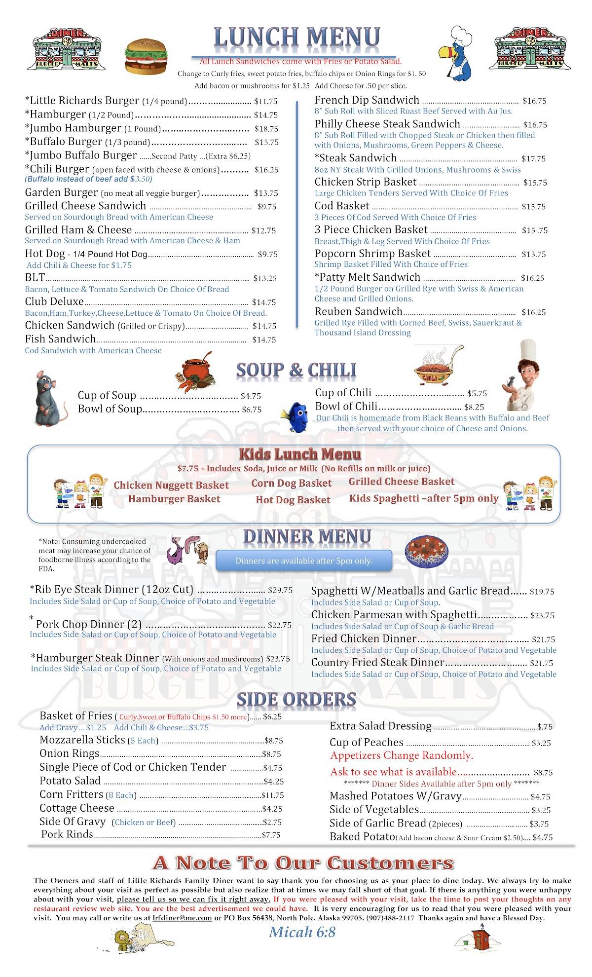 Menu at Little Richard's Family Diner restaurant, North Pole