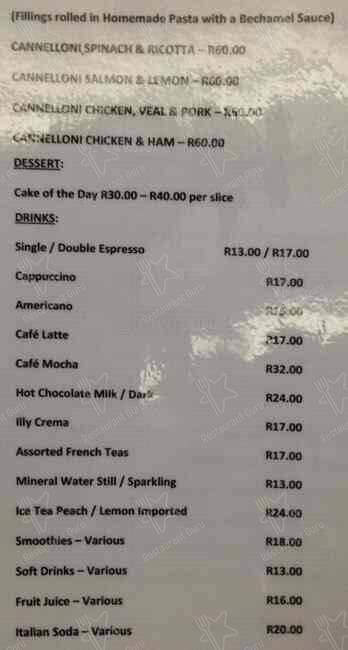 Menu at Liv In cafe, Sandton