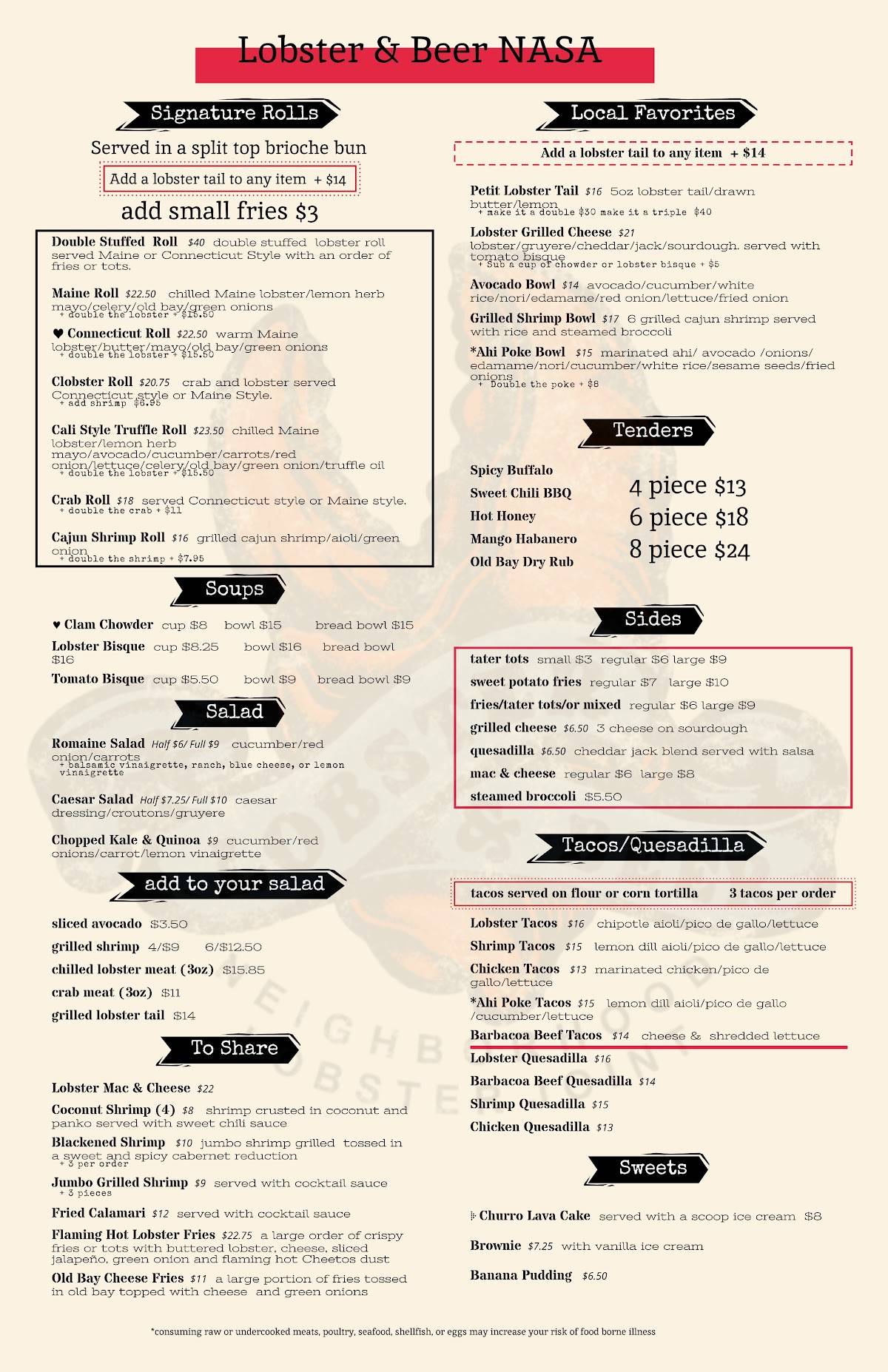 Menu at Lobster & Beer NASA restaurant, Webster