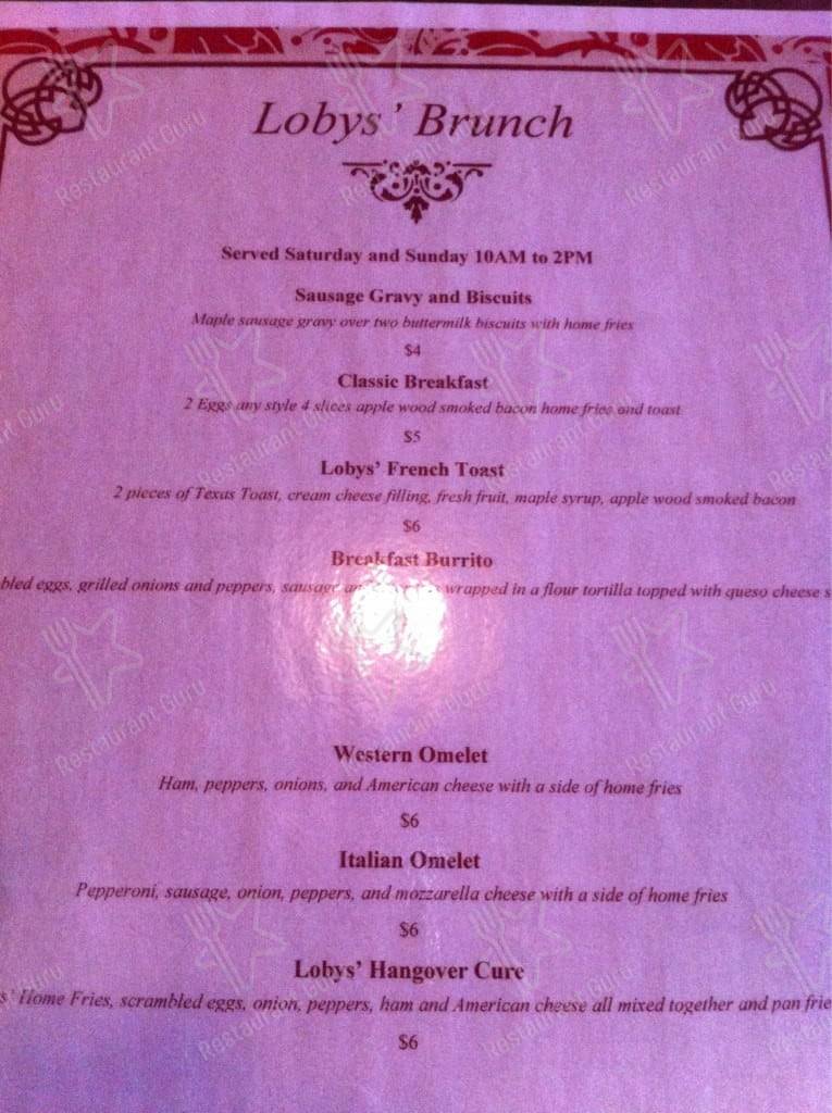 Menu at Loby's Bar & Grille, Canton