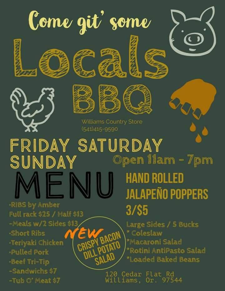 Menu at Locals BBQ, Williams