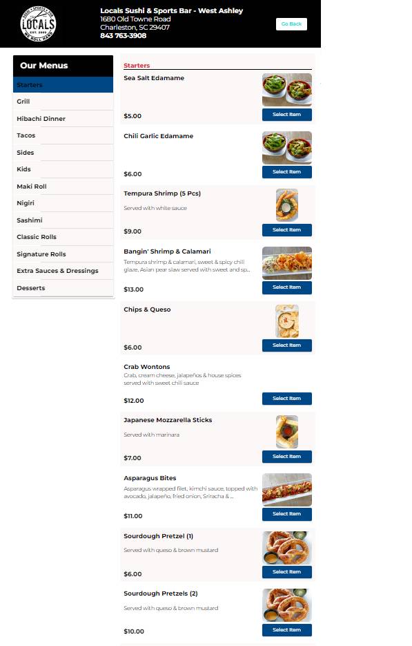 Menu at Locals Sushi & Sports Pub - West Ashley, Charleston, Old Towne Rd