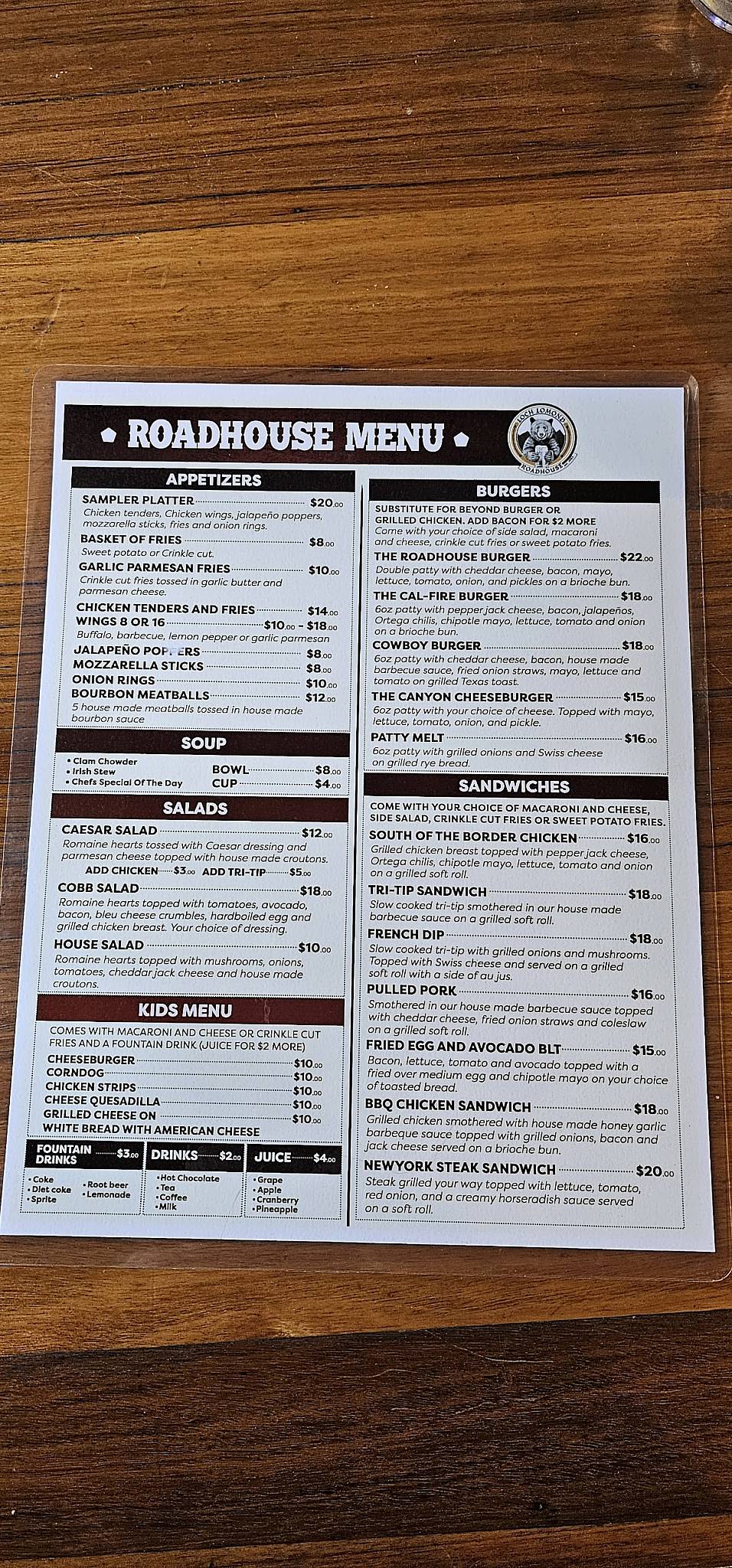 Menu at Loch Lomond Roadhouse Bar & Grill, USA, Loch Lomond Rd Suite B