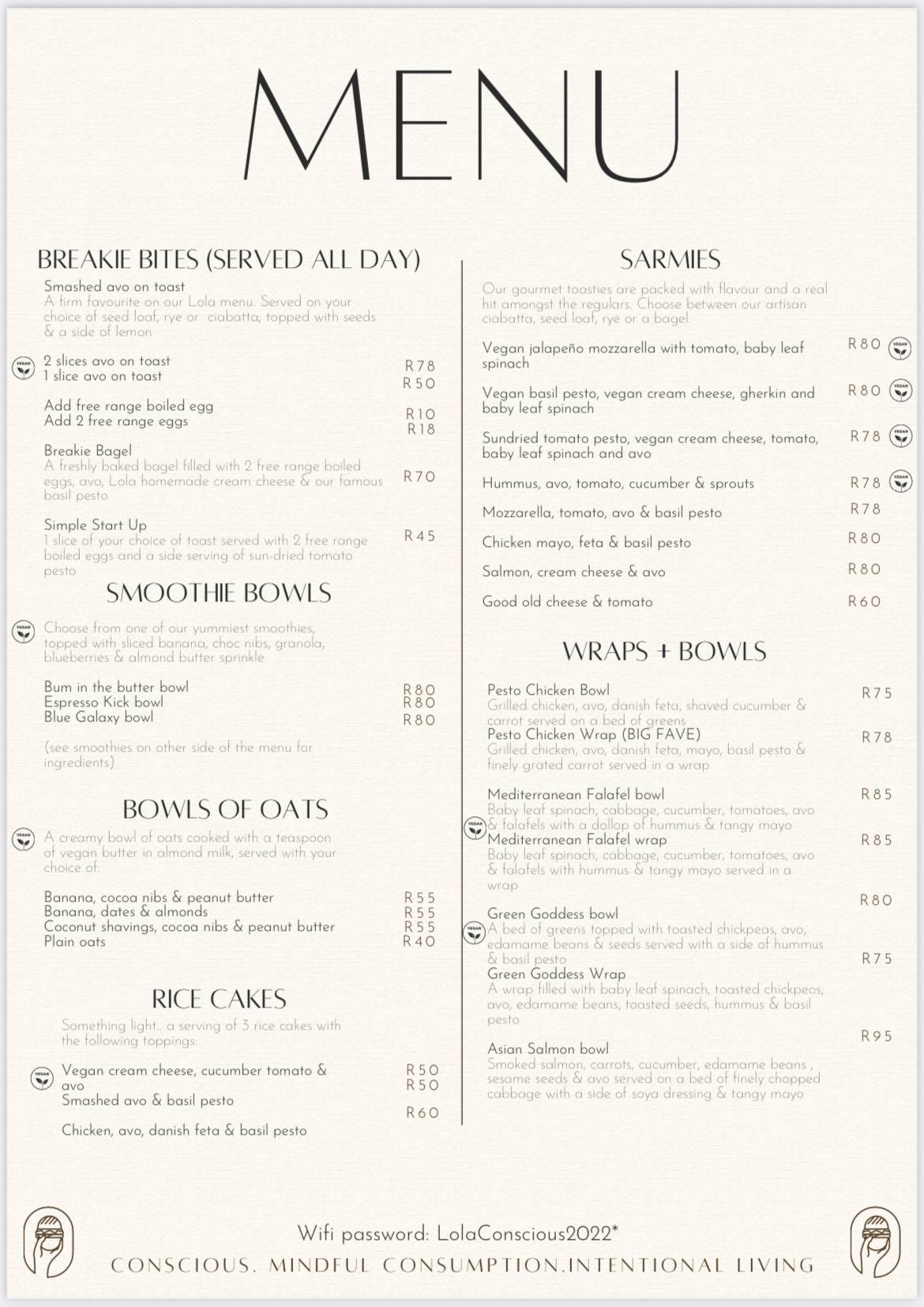 Menu at Lola Conscious Café restaurant, Port Elizabeth
